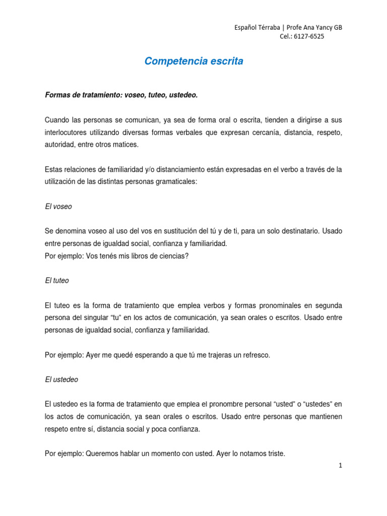 Gramática del español: formas de tratamiento | PDF | Asunto (gramática ...