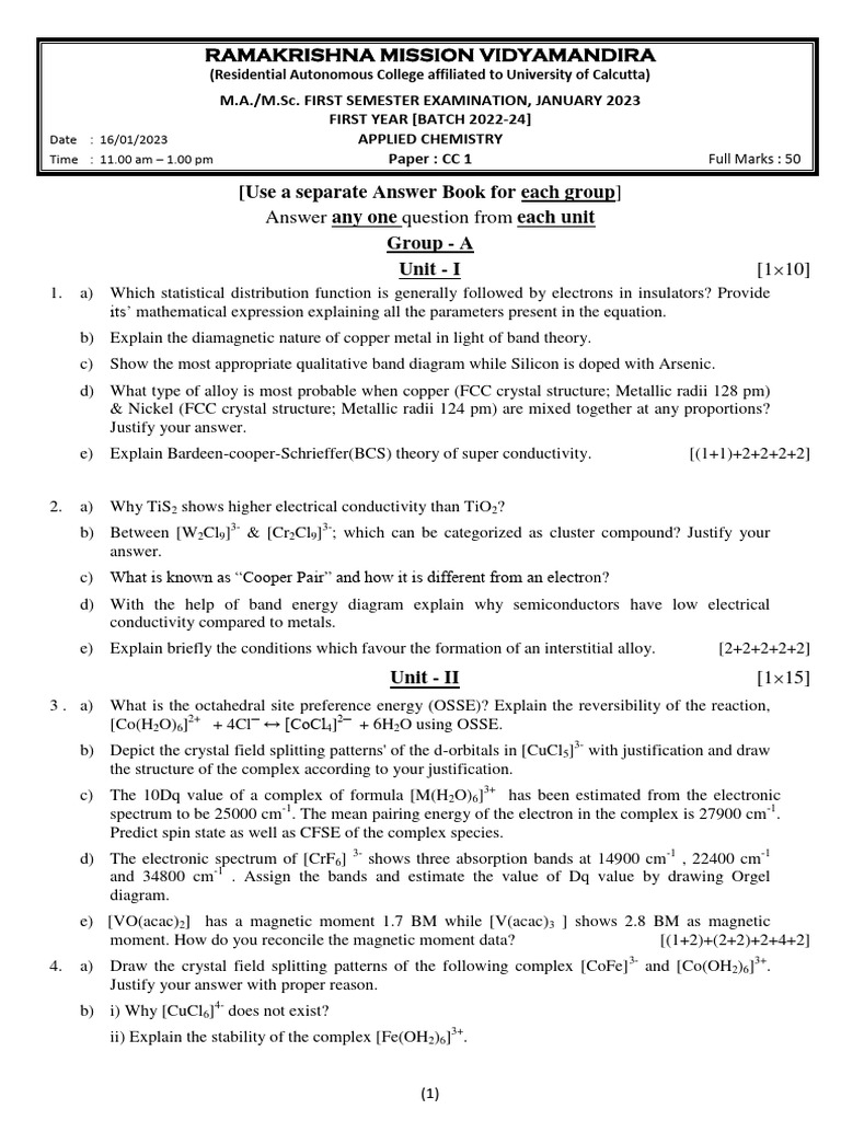 PG, 1 Sem, Apc, CC-1, Question Paper - Jan 23 | PDF | Coordination ...