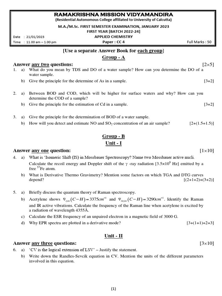 PG Applied Chemistry Semester 1 Exam 2023 | PDF | Electron Paramagnetic ...