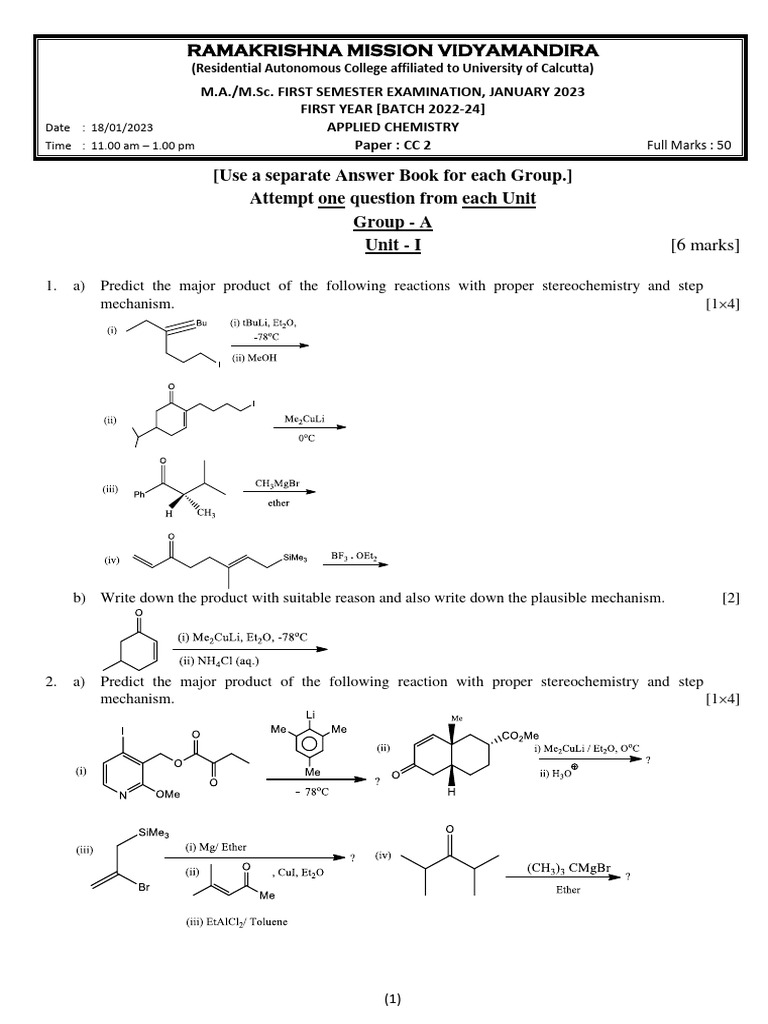 PG, 1 Sem, Apc, CC-2, Question Paper - Jan 23 | PDF | Proton Nuclear Magnetic Resonance ...
