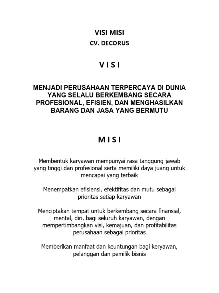 Visi dan Misi CV. Decorus | PDF | Bisnis