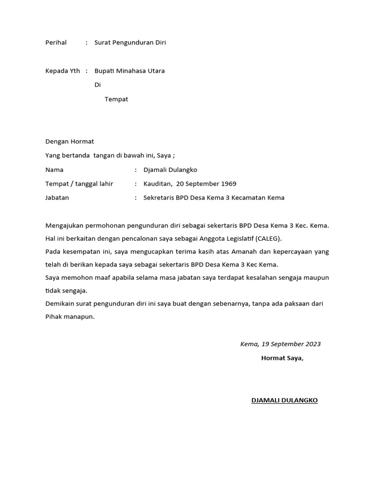 Surat Pernyataan Pengunduran Diri BPK Djamali Dulangko | PDF Surat Pernyataan Pengunduran Diri BPK Djamali Dulangko | PDF