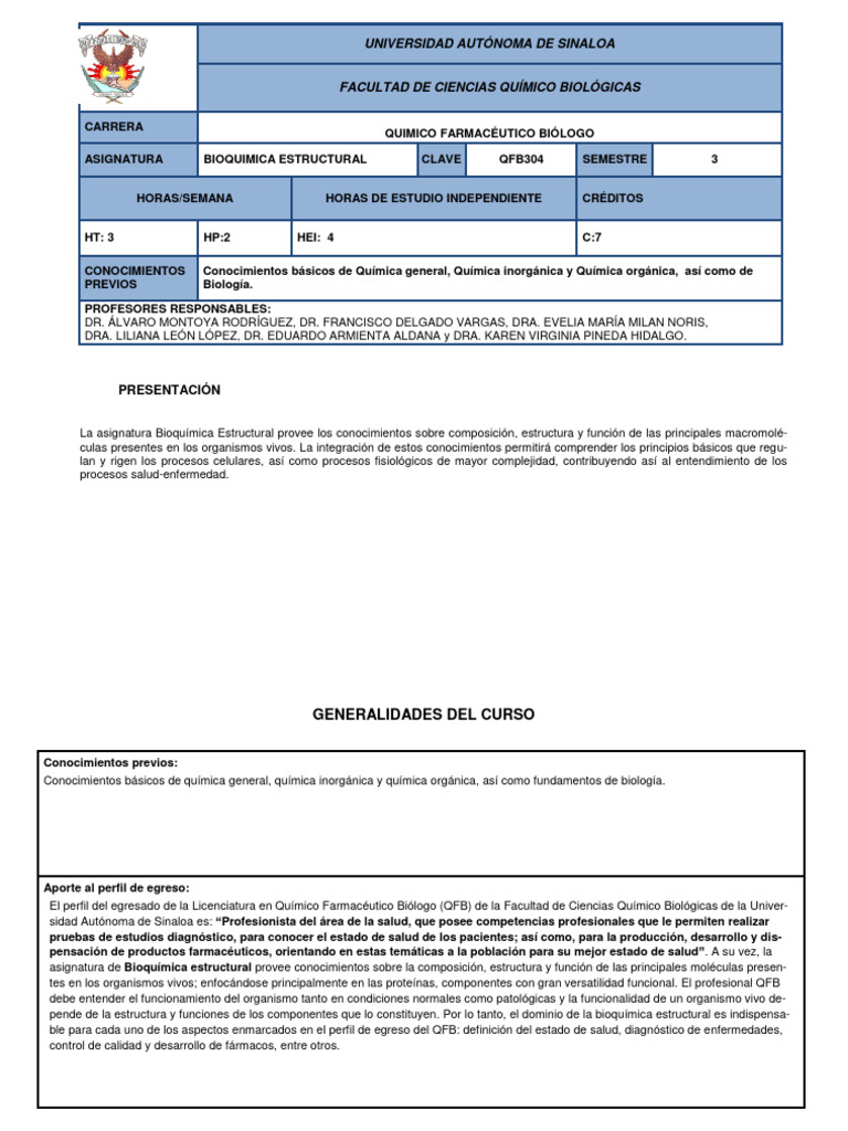 Programa QFB Bioquímica Estructural | PDF | Proteínas | Enzima