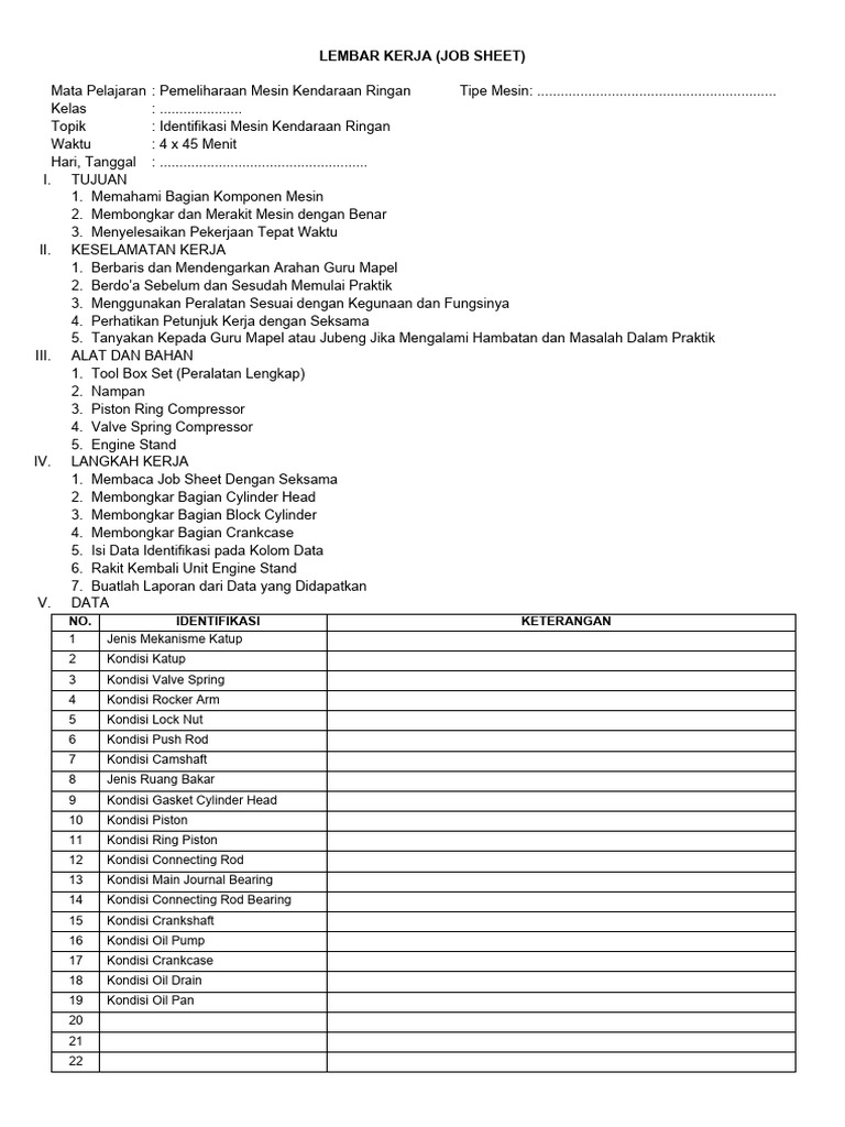 Jobsheet Identifikasi Mesin TKRO | PDF