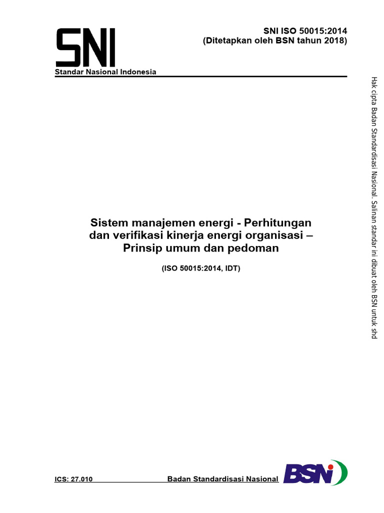 SNI ISO 50015-2014 (2018) Perhitungan & Verifikasi Kinerja Energi Organisasi | PDF