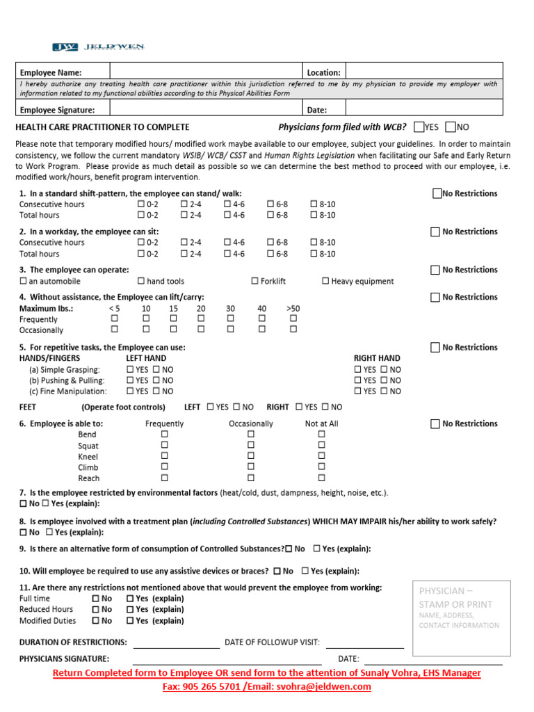 JW-Physical Abilities Form-Non Occ | PDF | Employment | Physician