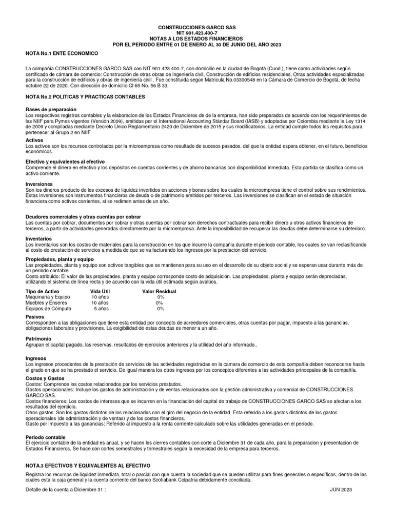 Notas De Estados Financieros Pdf Contabilidad Normas