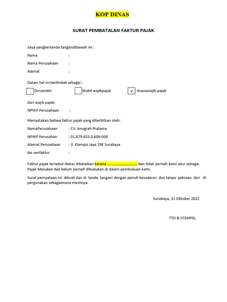 Surat Pembatalan Faktur Pajak Pdf