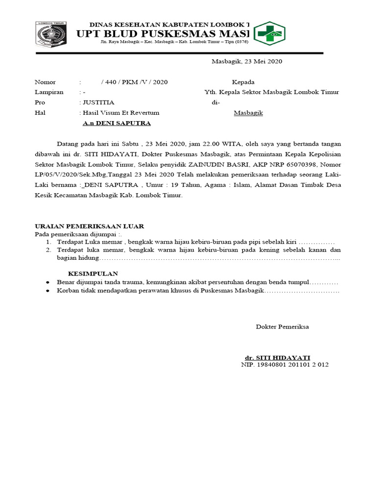 Contoh Surat Visum Puskesmas Masbagik | PDF