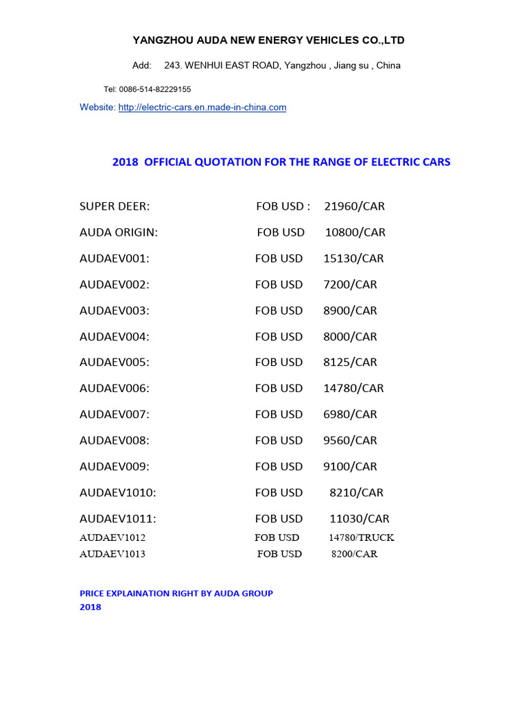 Auda Ev Price List | PDF