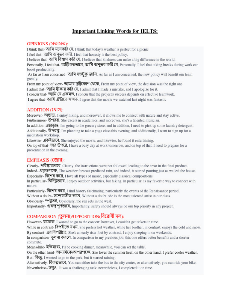 Important Linking Words For IELTS | PDF