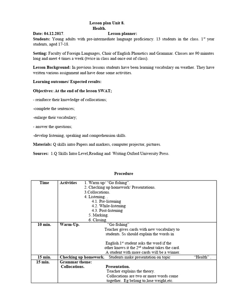 Lesson Plan Unit8 | PDF | Reading Comprehension | Vocabulary