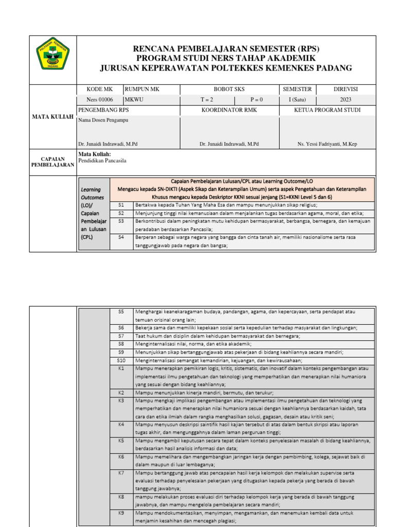 Rps Pancasila Keperawatan Poltekkes 2023 | PDF