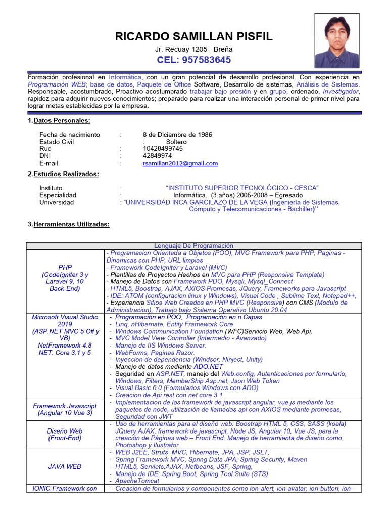 CV R Samillan | PDF | Mi sql | Php