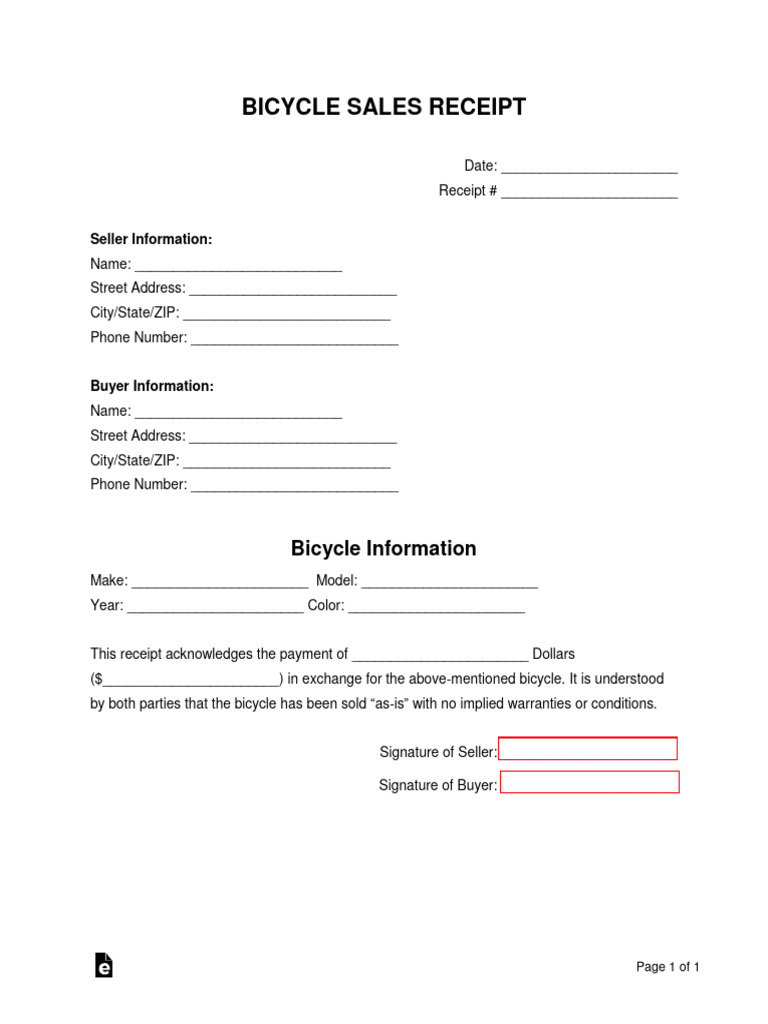 Bicycle Sales Receipt Template | PDF