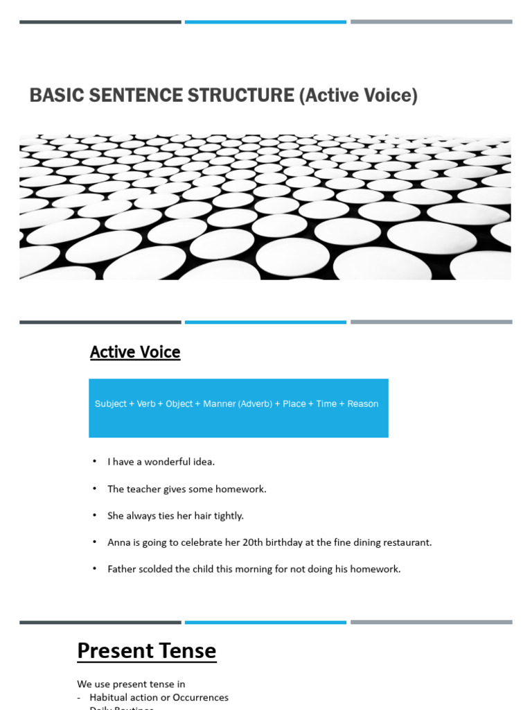 Basic Sentence Structure (Active Voice) | PDF | Grammatical Tense | Verb