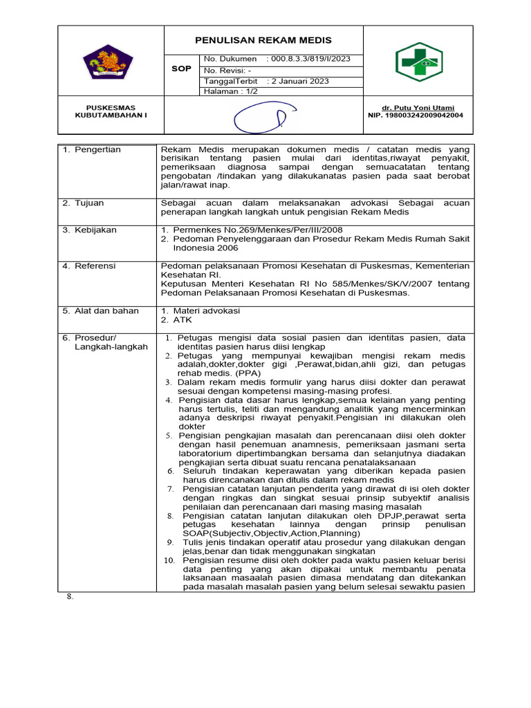 SOP Penulisan RM | PDF