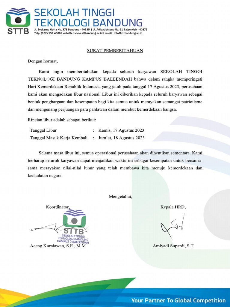 Surat Libur 17 AGUSTUS | PDF