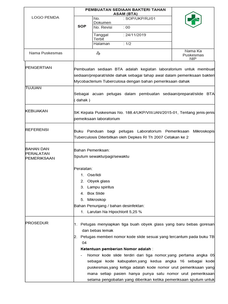 Prosedur Pembuatan Slide BTA | PDF