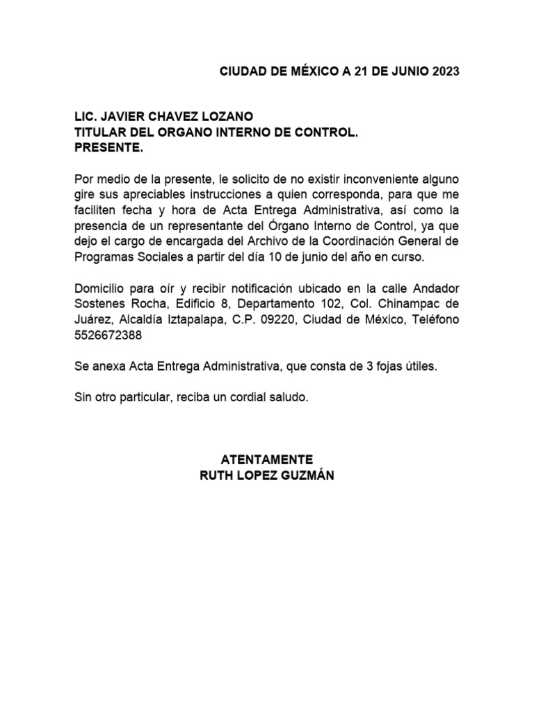 Oficio Acta Entrega | PDF | Derecho