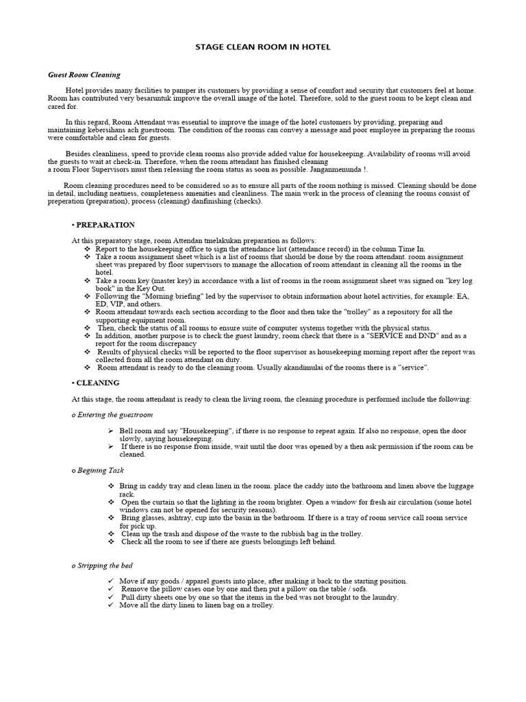 STAGE CLEAN ROOM IN HOTEL English - 1688166463 | PDF | Bed | Housekeeping