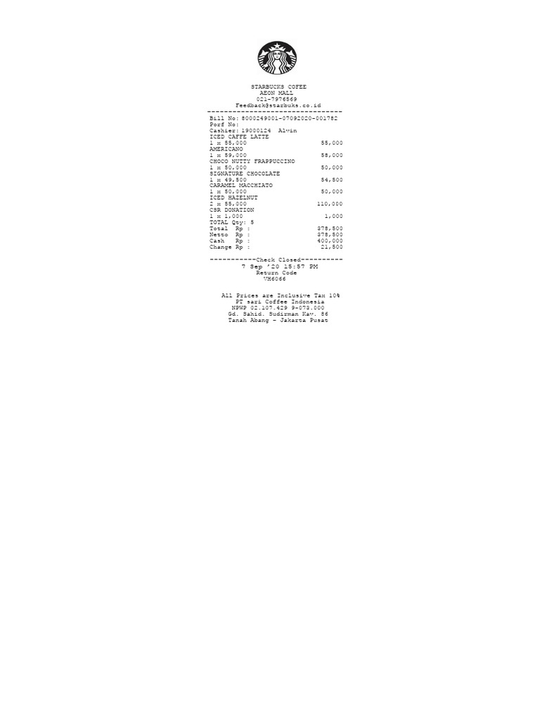 Starbucks AEON Mall Receipt | PDF