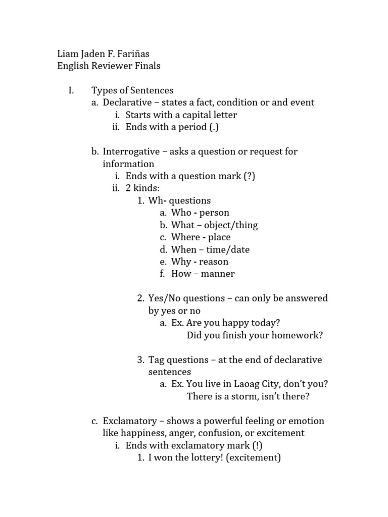 Types of Sentences and Proofreading Guide | PDF | Question | Subject ...