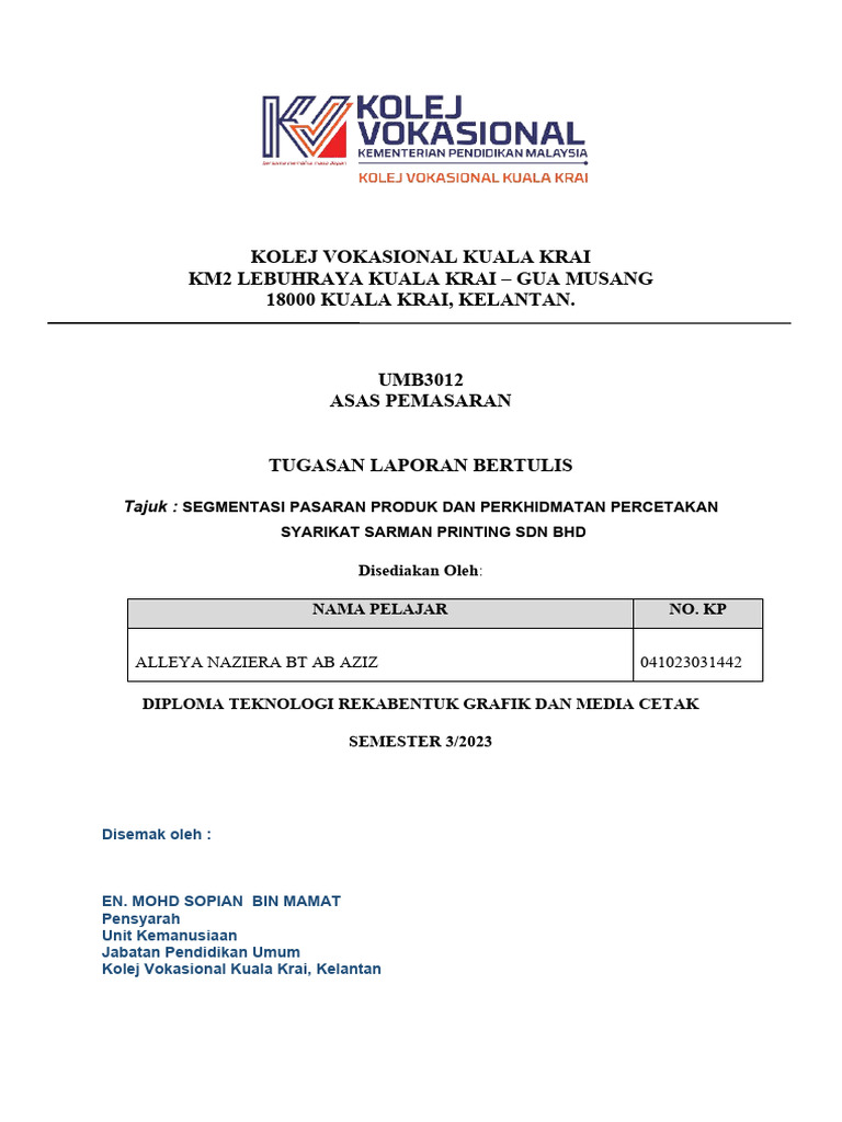 Laporan Bertulis Segmentasi Pasaran Alleya | PDF