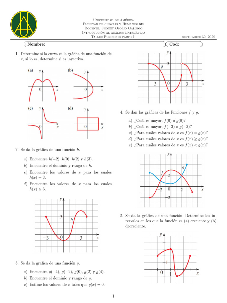 Taller Funciones Parte I Copy | PDF | Matemáticas | Análisis matemático
