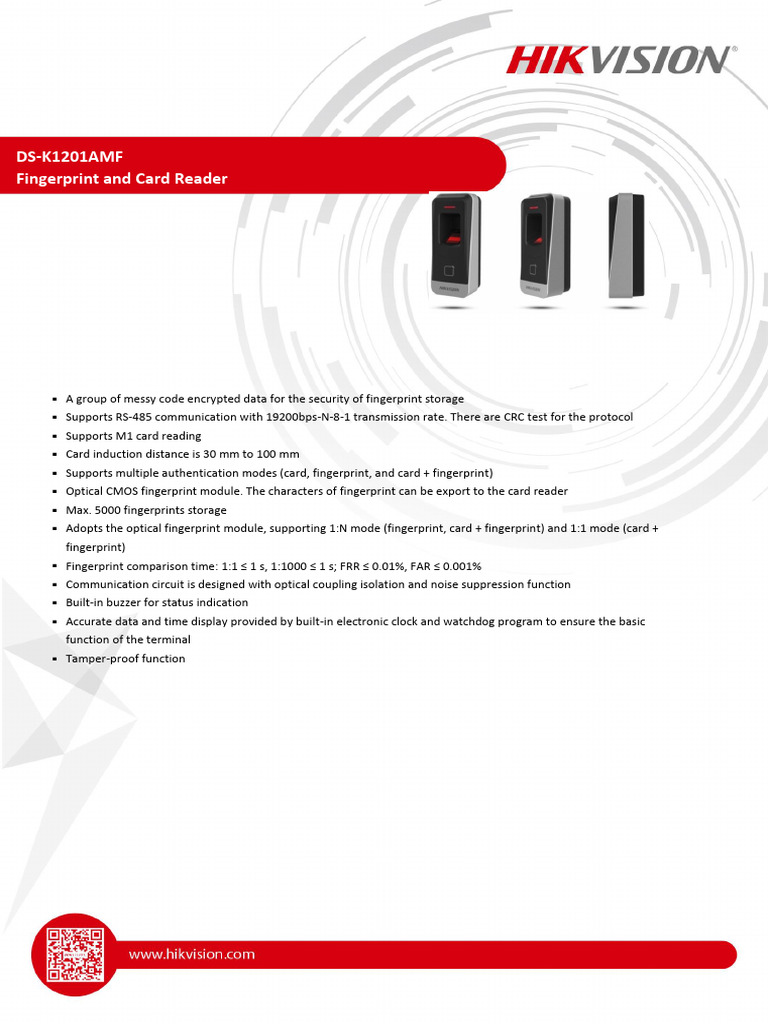DS K1201AMF Fingerprint and Card Reader - Datasheet - V1.0 - 20230220 | PDF
