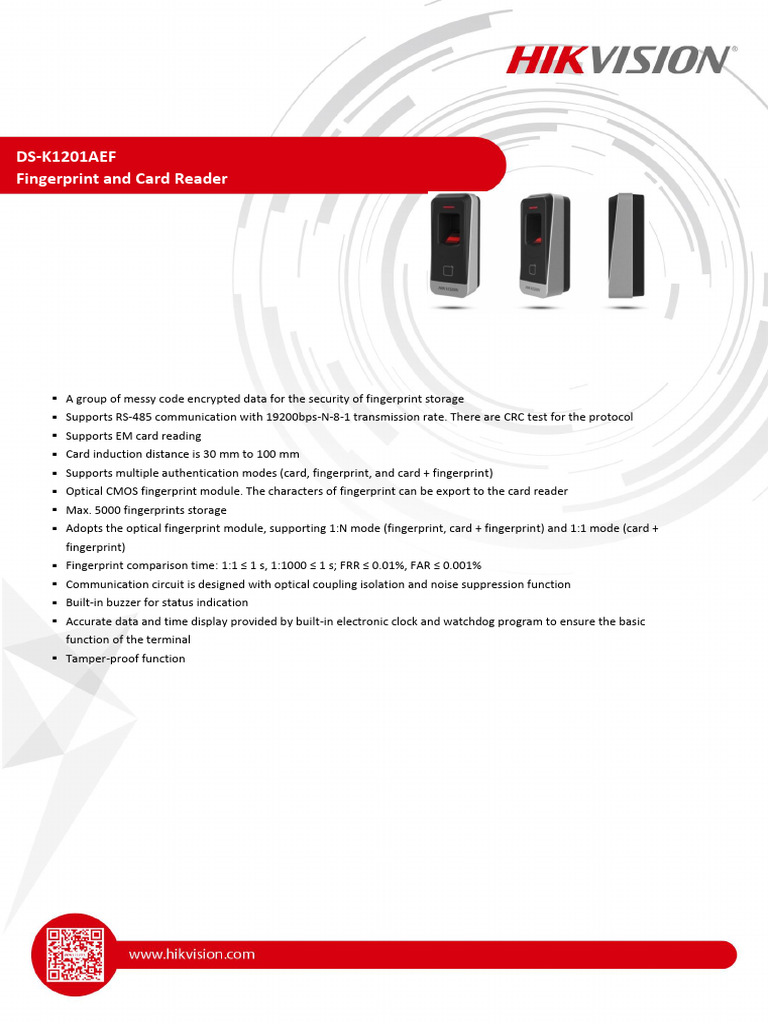 DS K1201AEF Fingerprint and Card Reader - Datasheet - V1.0 - 20230220 | PDF