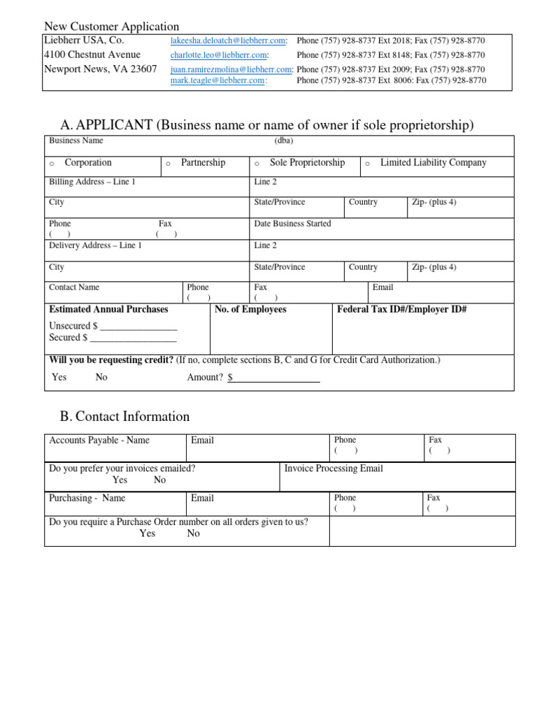 Liebherr USA New Customer Application | PDF | Credit Card | Legal Liability