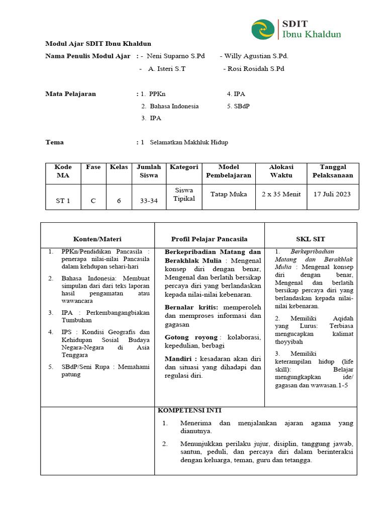 Modul Ajar Tema 1 ST 1 | PDF | Pengembangan Diri | Sains & Matematika