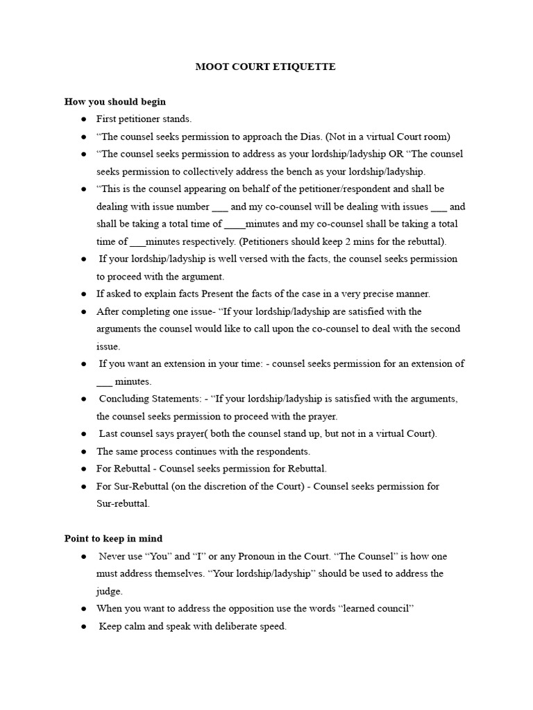 Moot Court Etiquettes | PDF | Justice | Crime & Violence