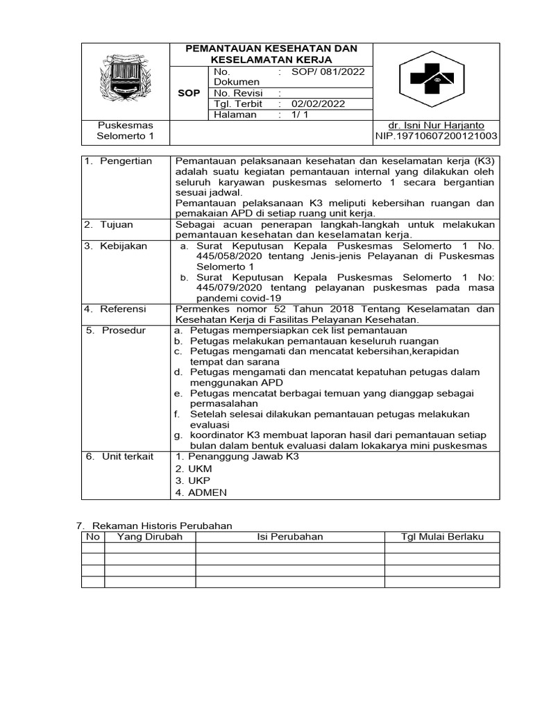 SOP Pemantauan Kesehatan K3 Puskesmas | PDF
