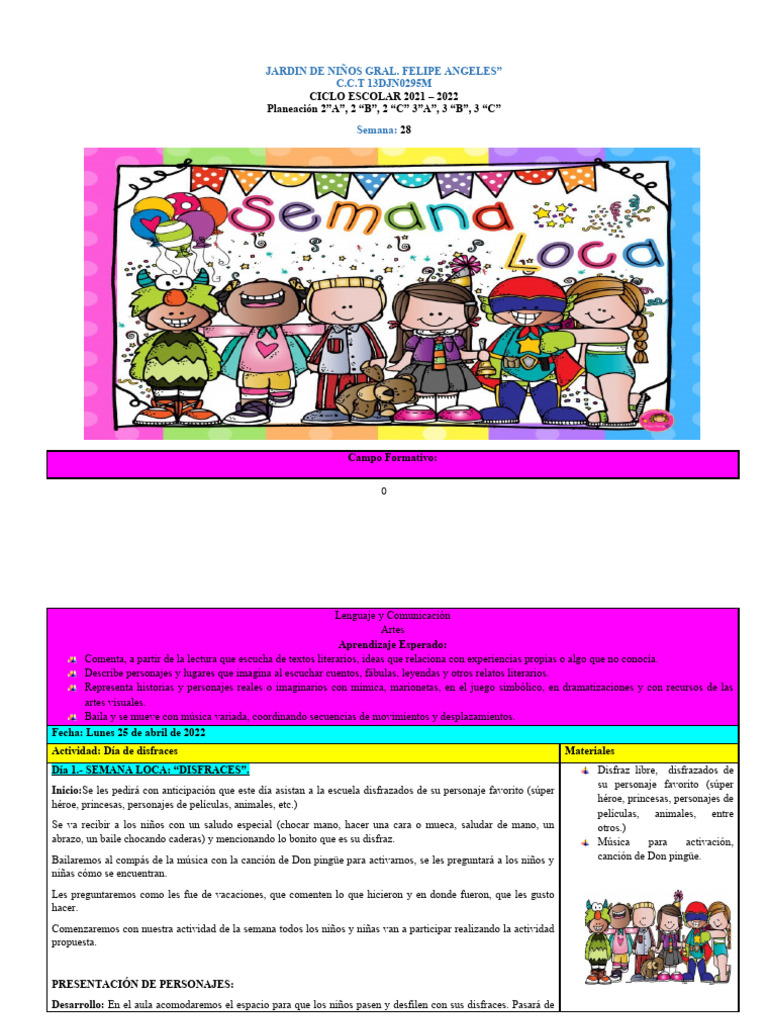 Plan Semana 28-Semana Loca Jardín de Niños Gral Felipe Angeles 25-04-22 | PDF | Evaluación