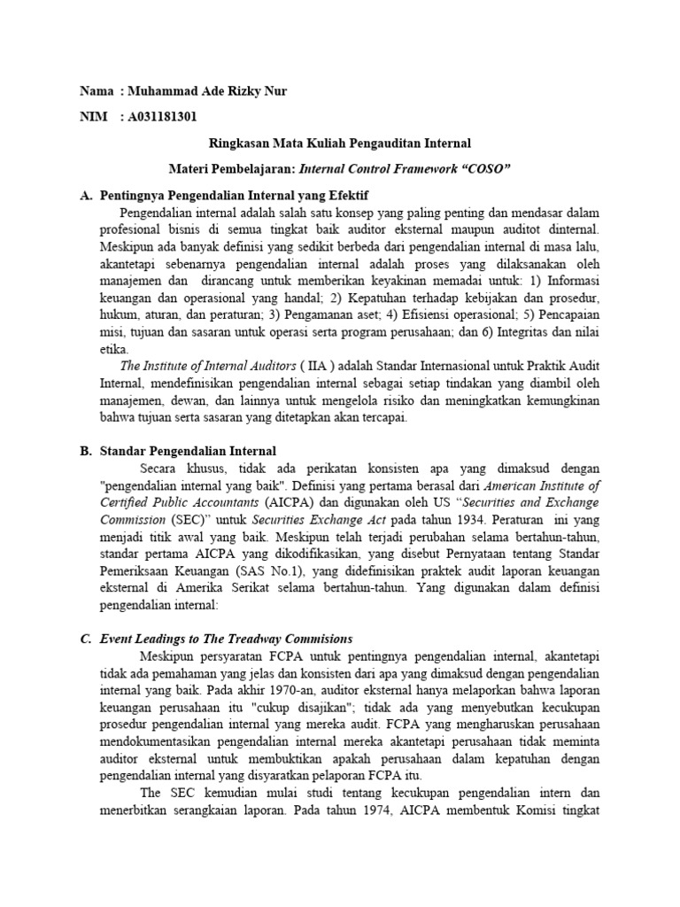 RMK Pengauditan Internal - Ch.3 Internal Control Framework "COSO" | PDF
