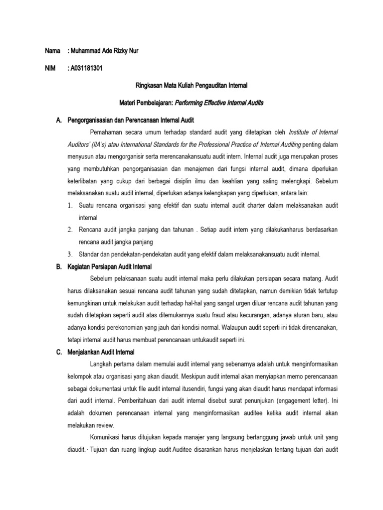 RMK Pengauditan Internal - Ch.7 Performing Effective Internal Audits | PDF