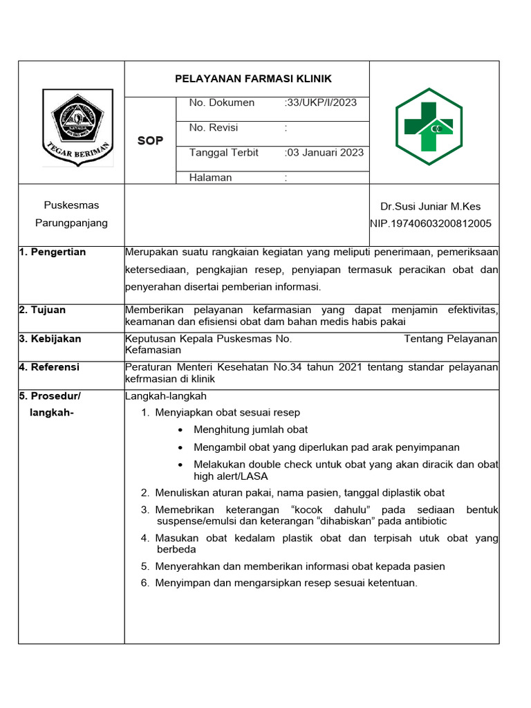 (Fix) SOP PELAYANAN FARMASI KLINIK | PDF