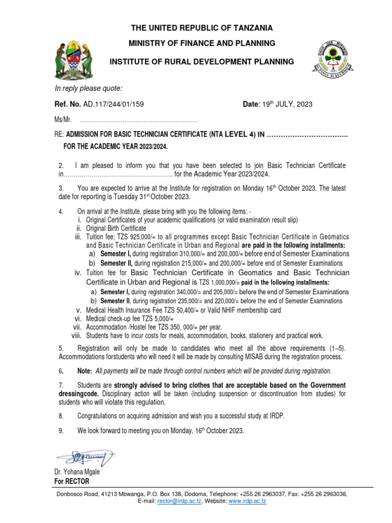NTA LEVEL 4 General Admission Letter 2023 | PDF | Service Industries ...