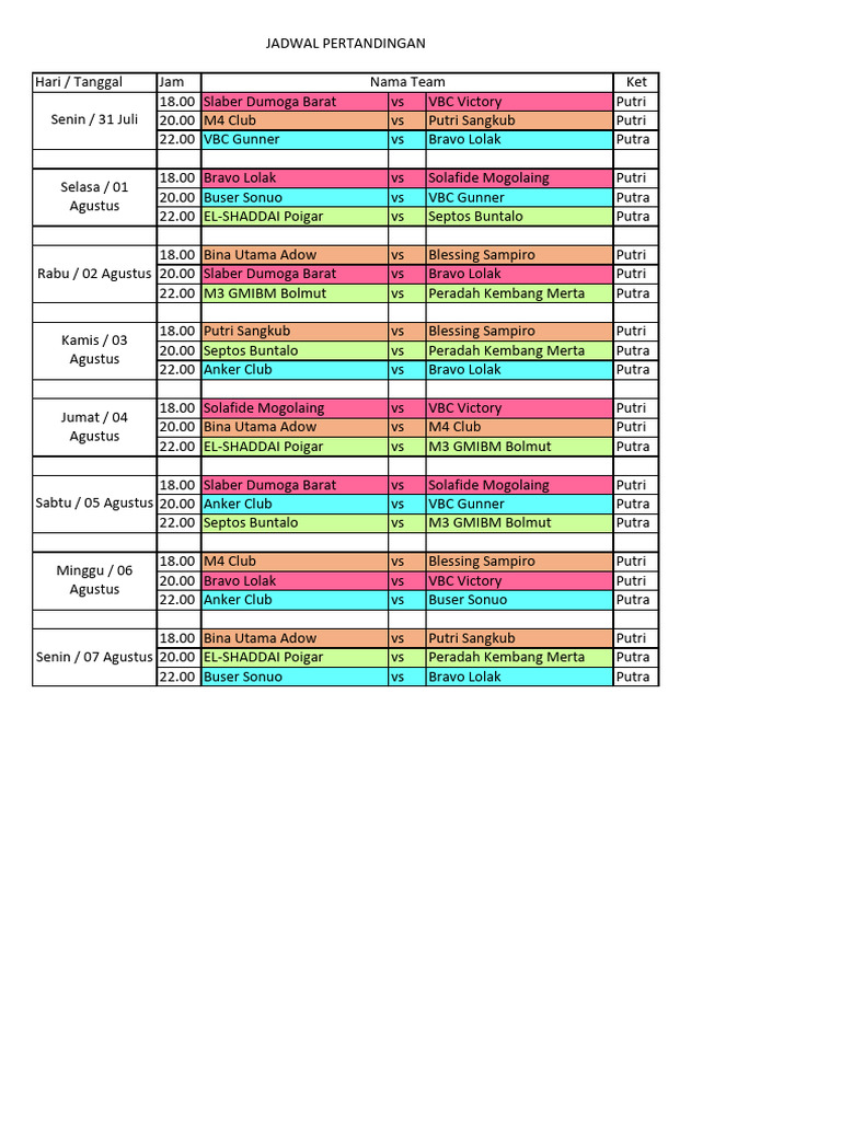 Jadwal Pertandingan Bola Voli Agustus | PDF | Olahraga & Rekreasi