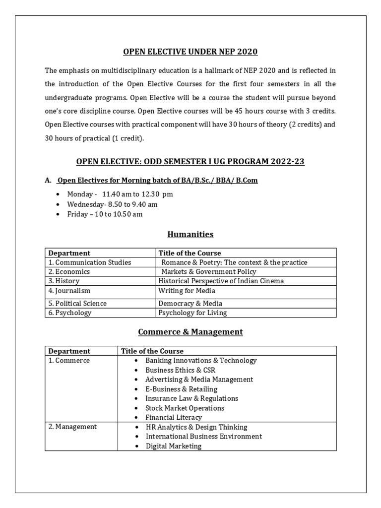 NEP 2020 Open Elective Courses Guide | PDF | Science | Business