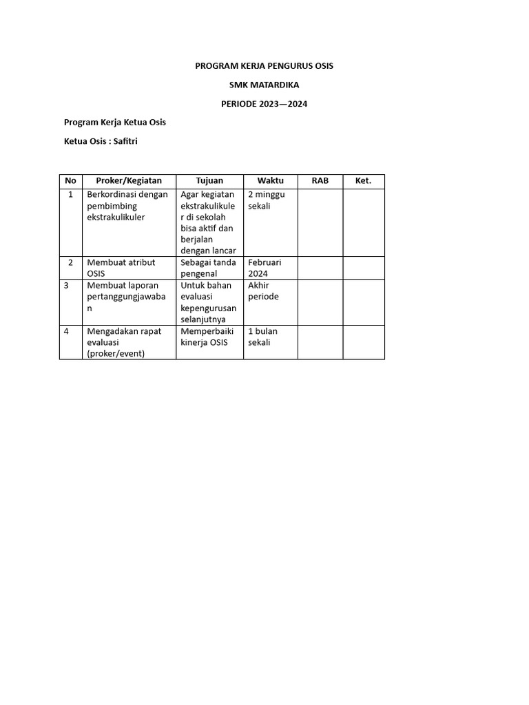 Program Kerja Pengurus Osis | PDF