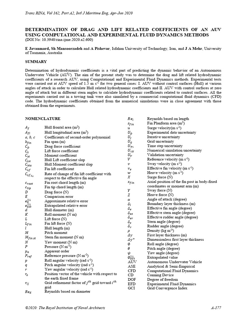 AUV Hydrodynamic Coefficients Study | PDF | Drag (Physics) | Lift (Force)