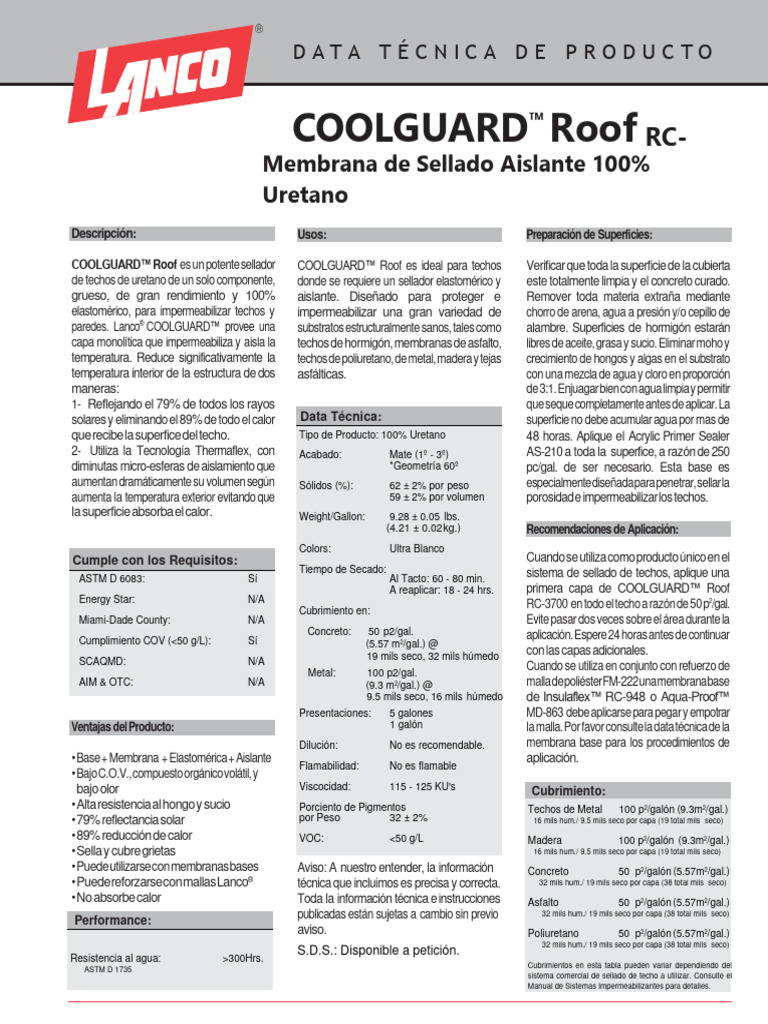 Ficha Tecnica CoolGuard Roof Espa Ol 1 1 | PDF | Poliuretano | Hormigón