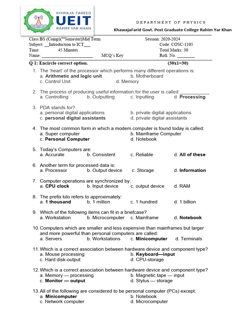 BS Physics ICT Midterm Key | PDF | Computer Data Storage | Central Processing Unit