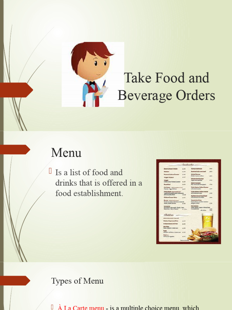 Take Food and Beverage Orders | PDF | Menu | Cuisine