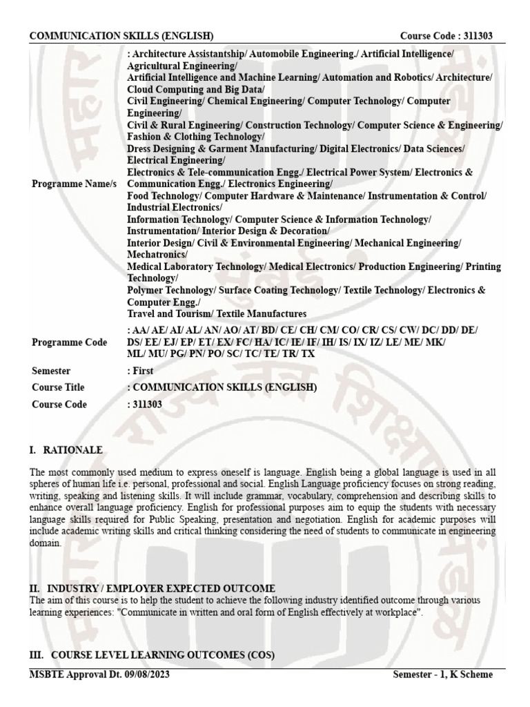 Communication Skills Syllabus 311303 | PDF | Word | Engineering