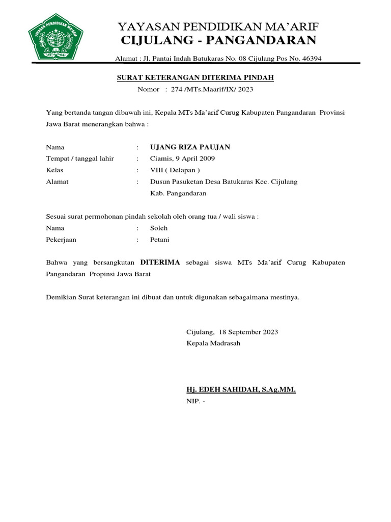 Surat Keterangan Diterima Ujang Riza WTH TTD | PDF