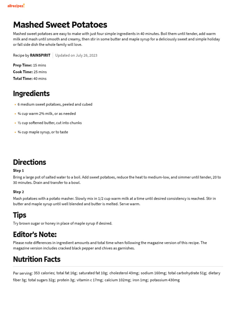 Best Mashed Sweet Potatoes Recipe | PDF | Cooking, Food & Wine